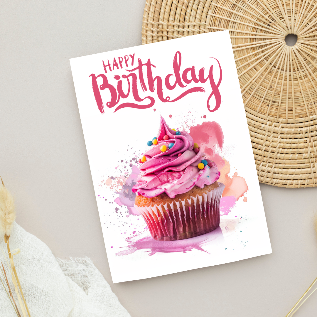 Blank A5 Printable Pink Happy Birthday Cupcake Card - Printable Card ...